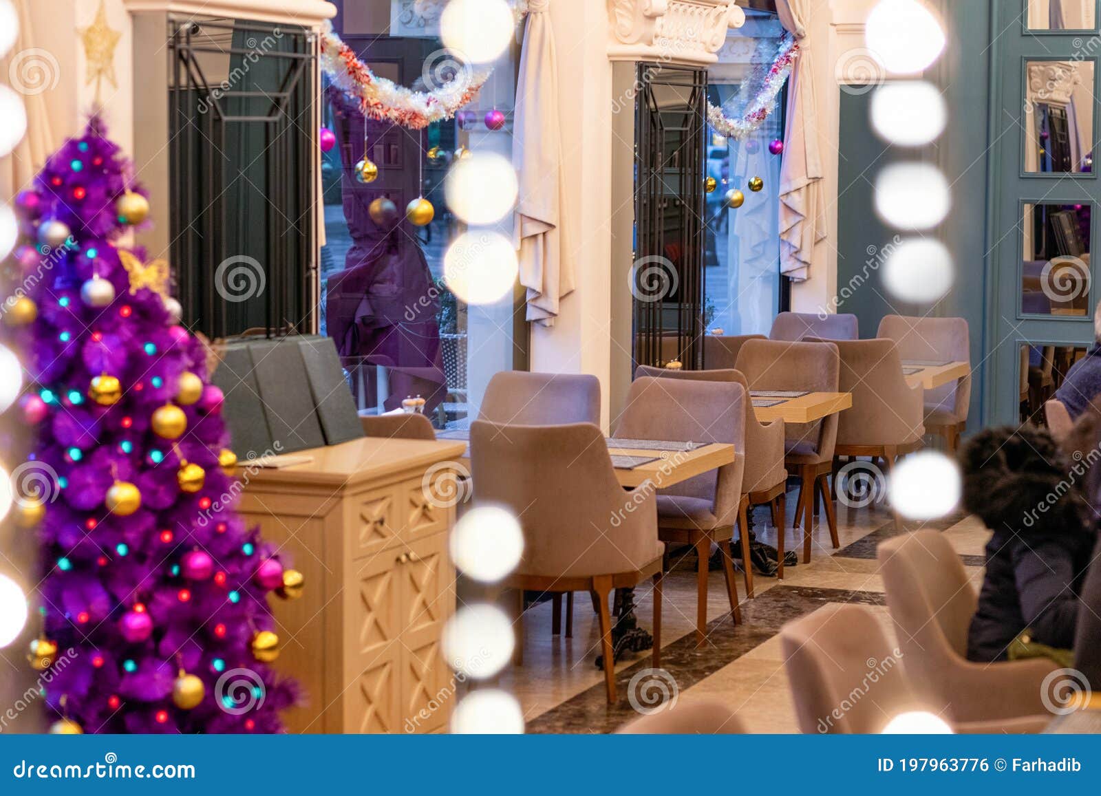 Purple Christmas Tree in the Restaurant Stock Photo - Image of ...