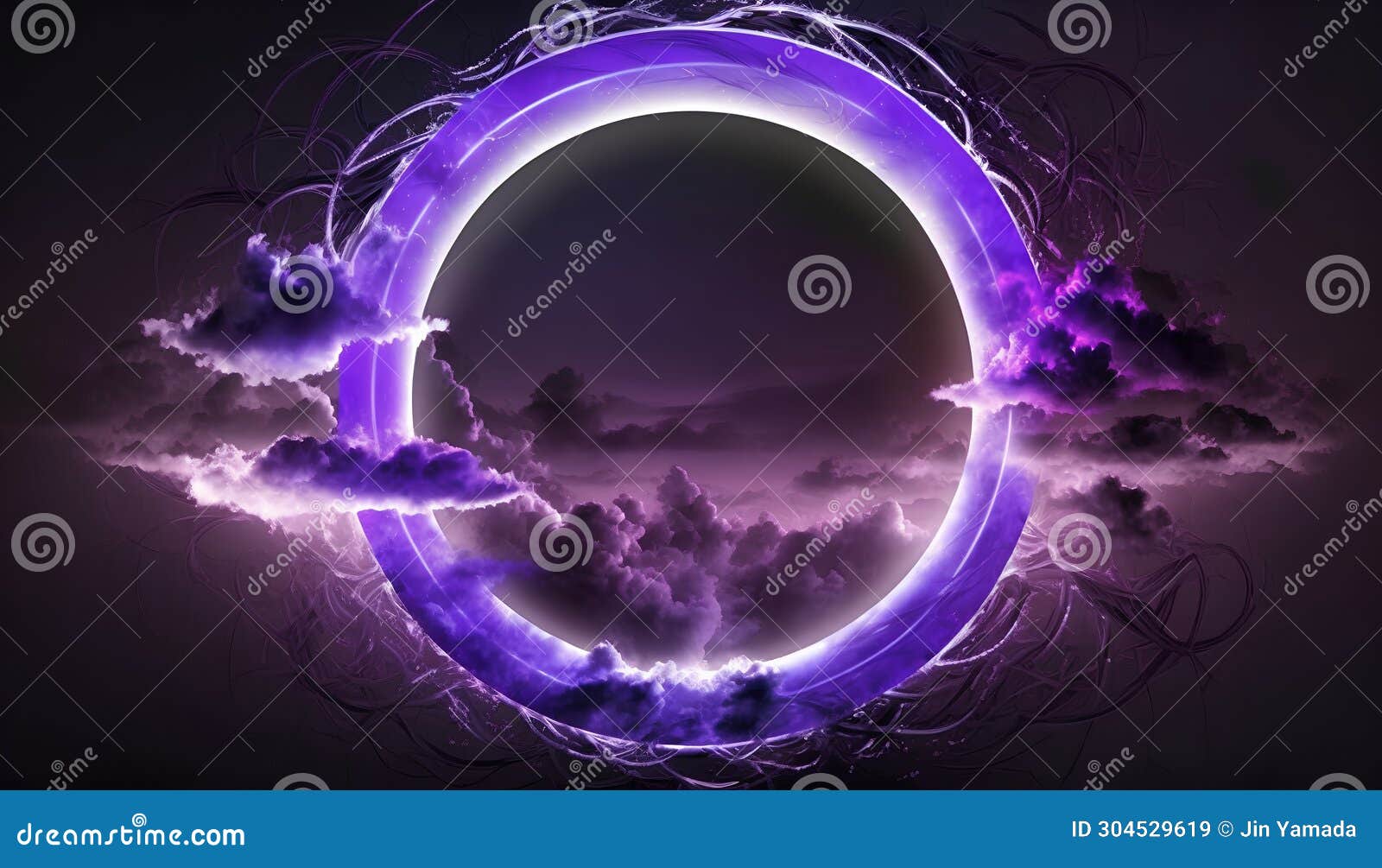 Purple Circle Frame with Clouds and Lights on a Dark Background. Stock ...