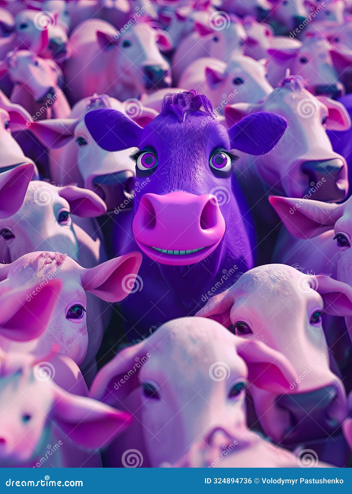 A Purple Cow is Standing in a Crowd of White Cows Stock Photo - Image ...