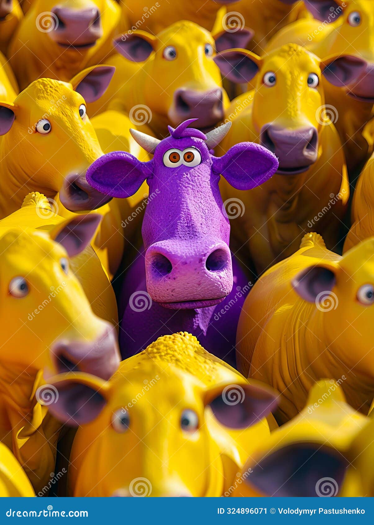 A Purple Cow is Standing in a Crowd of Yellow Cows Stock Image - Image ...