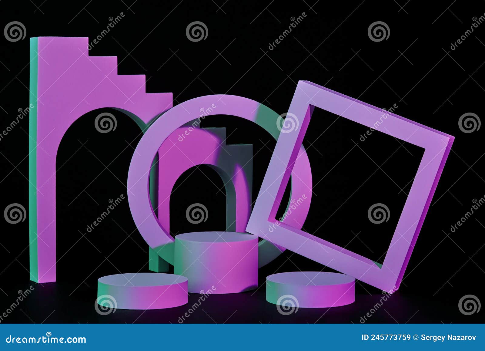 Purple Cylindrical Platforms, Frames and Arched Stairs on Black ...
