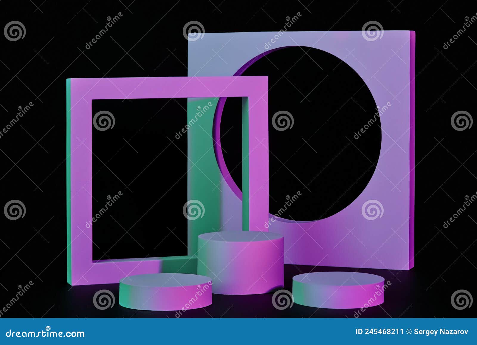 Purple Cylindrical Platforms and Vertical Frames on Black Background ...