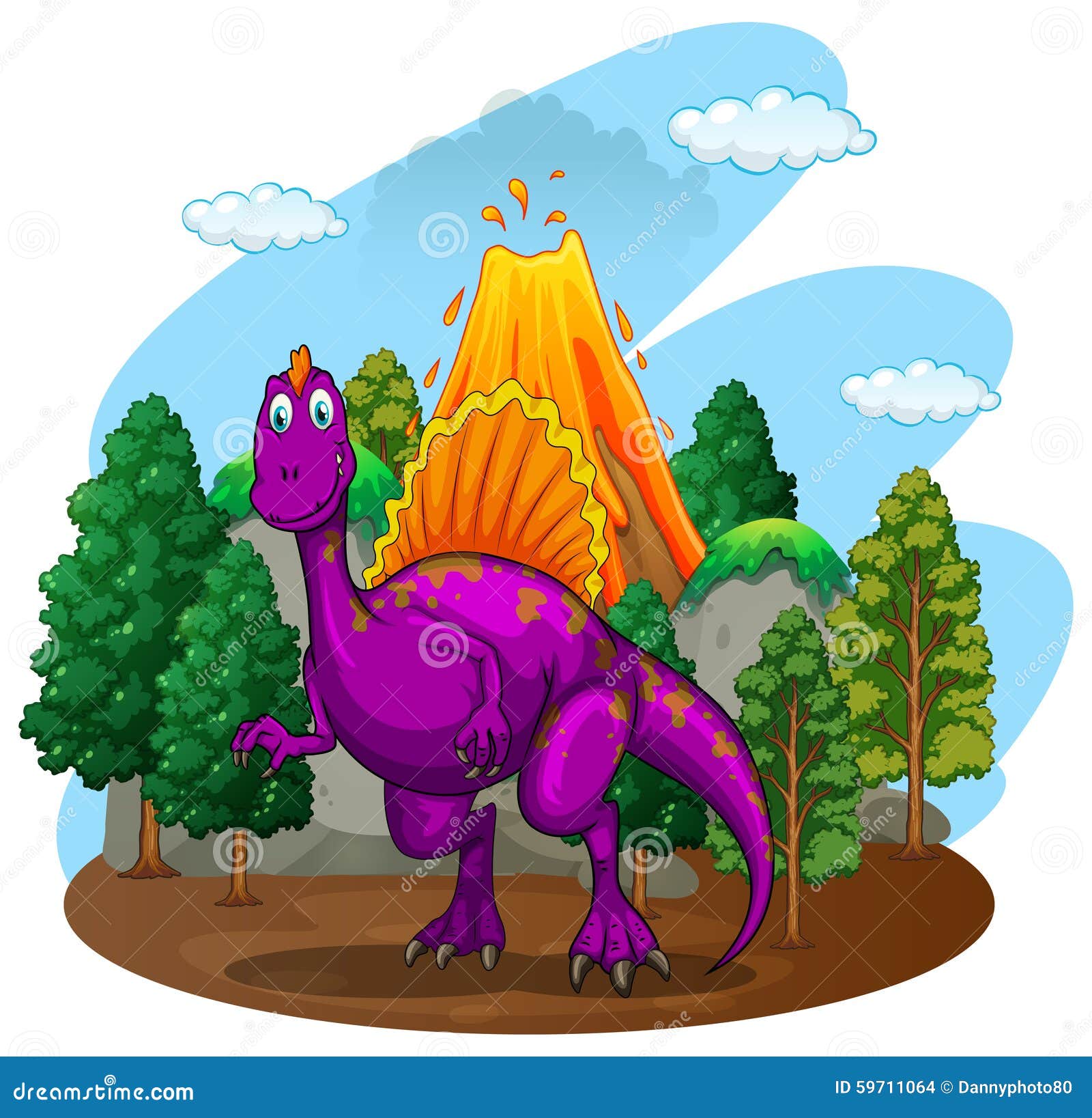Dinosaur And Volcano Eruption Illustration Cartoon Vector ...