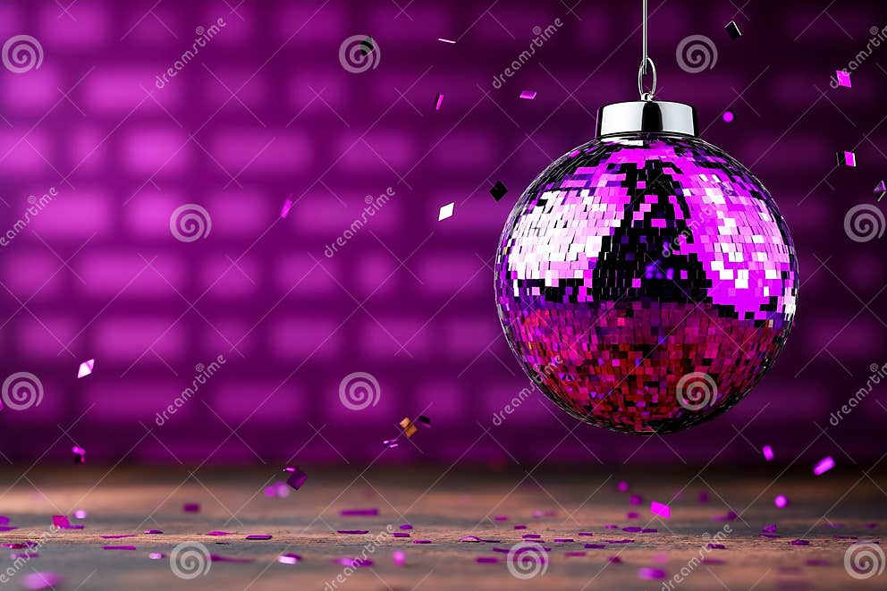 A Purple Disco Ball Hanging from a String with Confetti Falling from it ...