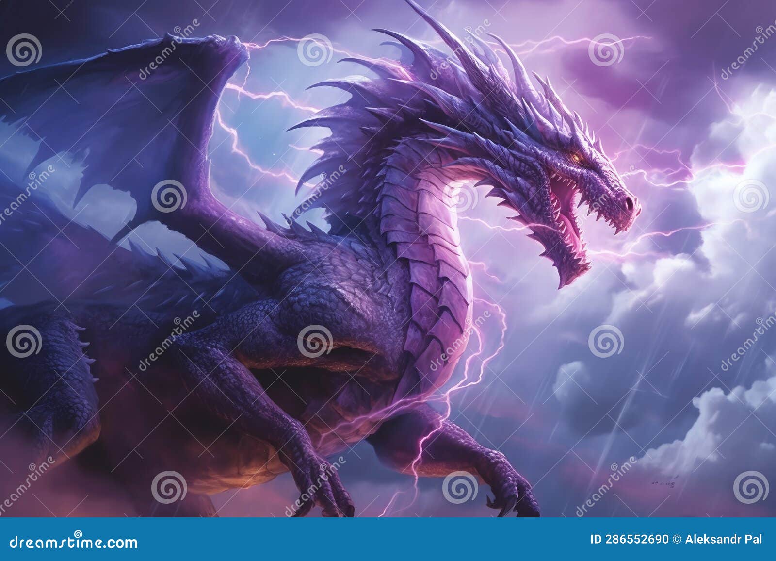 Purple Dragon with Lightning in the Clouds. Fantasy Illustration.ai ...