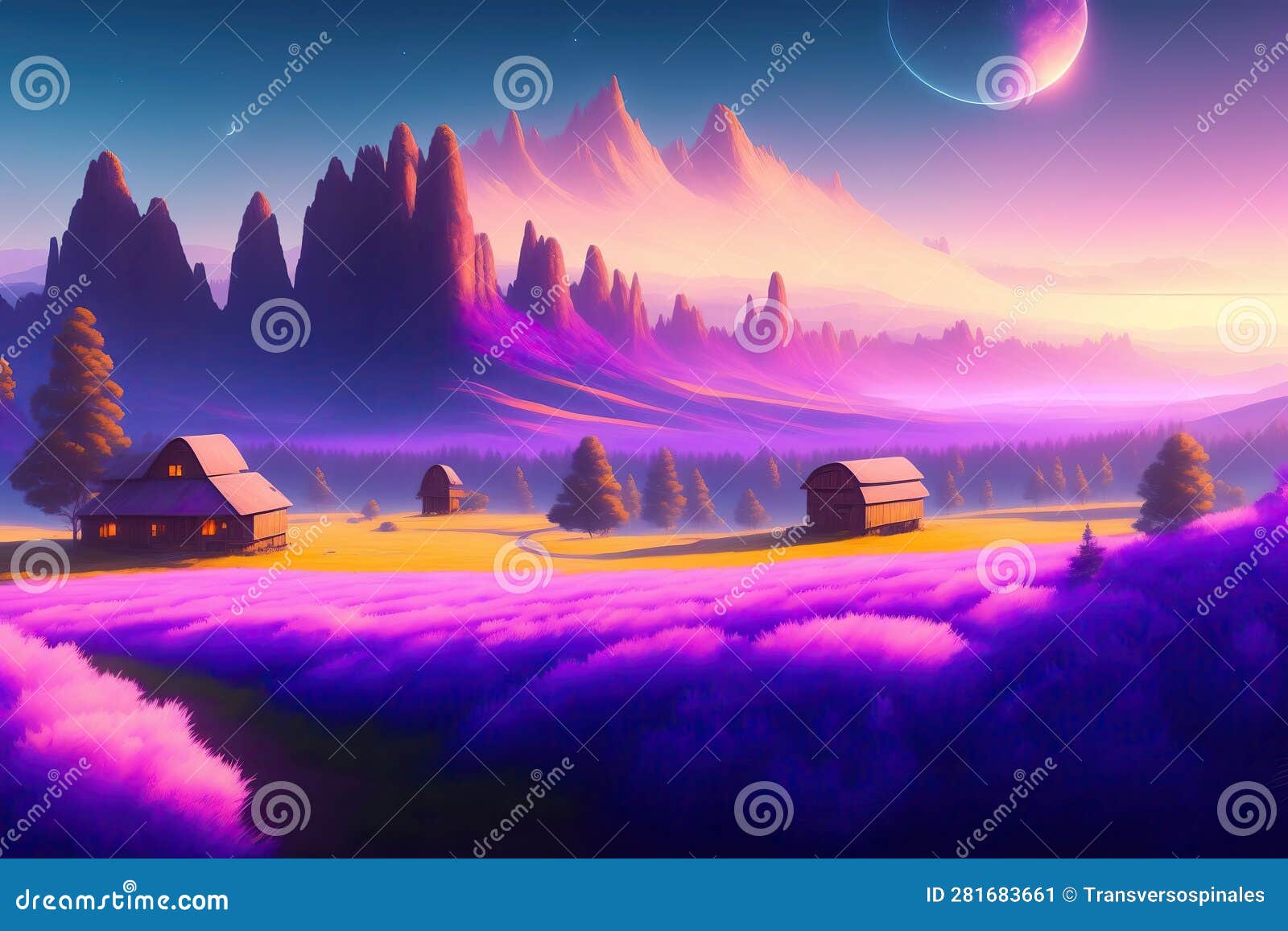 Purple Fantasy Landscape Background with Nature Stock Illustration ...