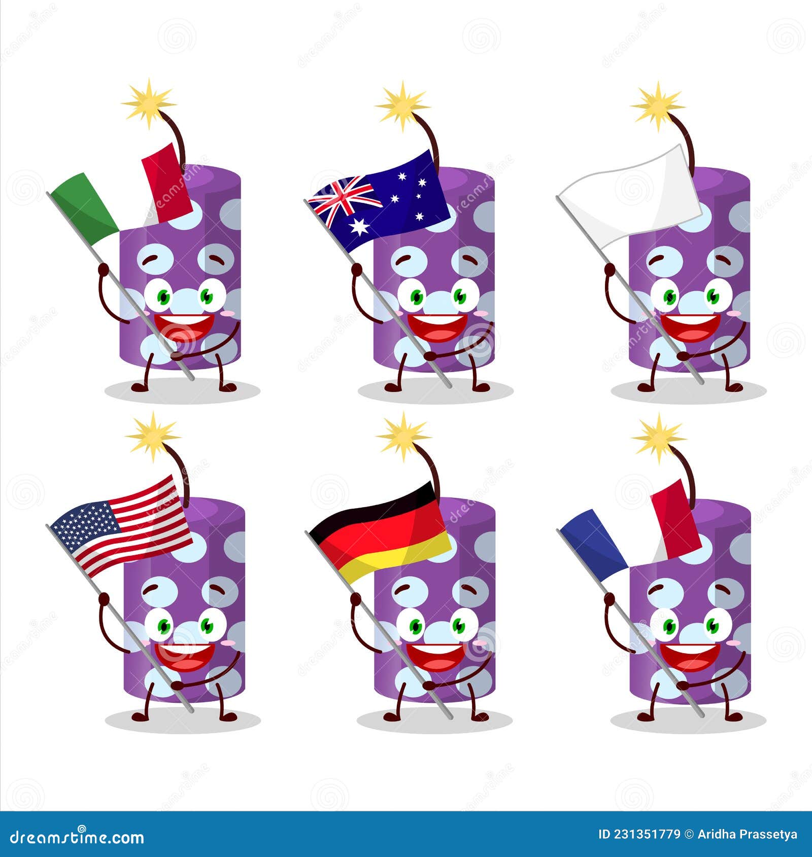 Purple Firecracker Cartoon Character Bring the Flags of Various ...