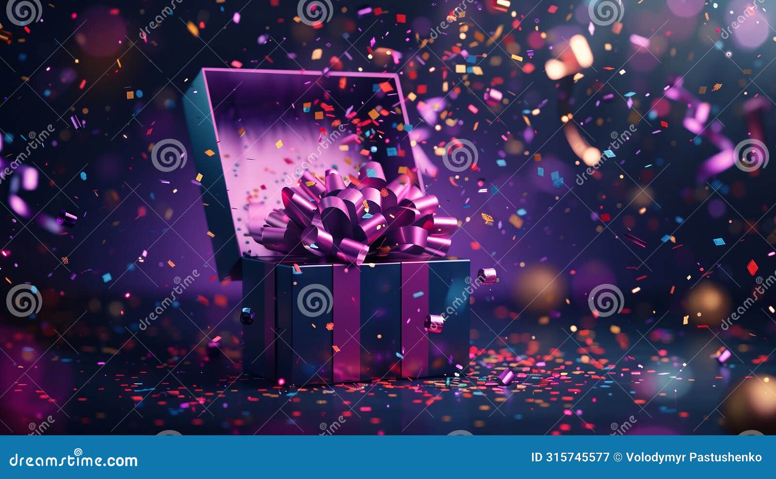 A Purple Gift Box with Confetti Falling Out of it Stock Image - Image ...