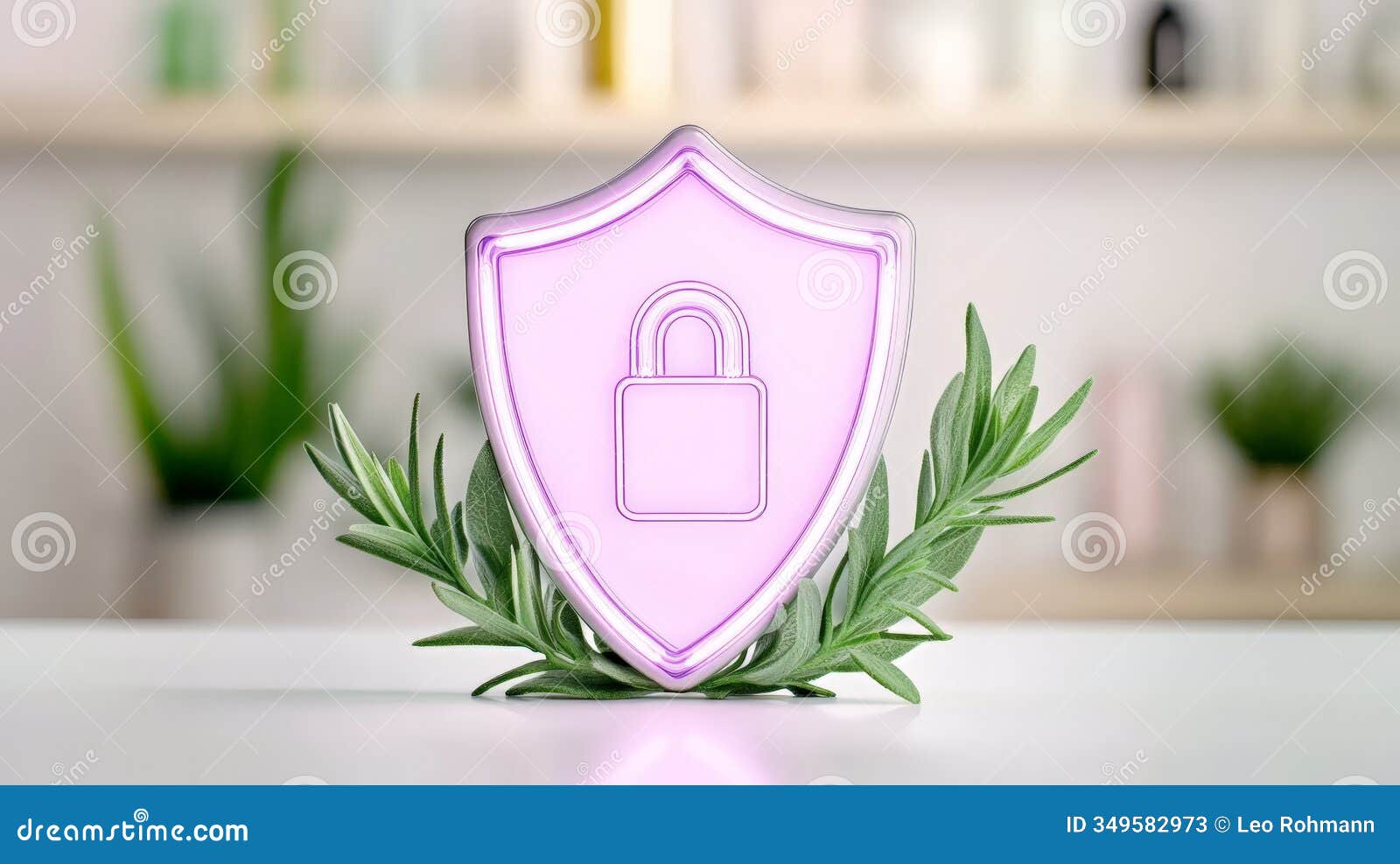 Purple Glowing Shield with a Padlock Symbol Resting on a Laurel Wreath ...