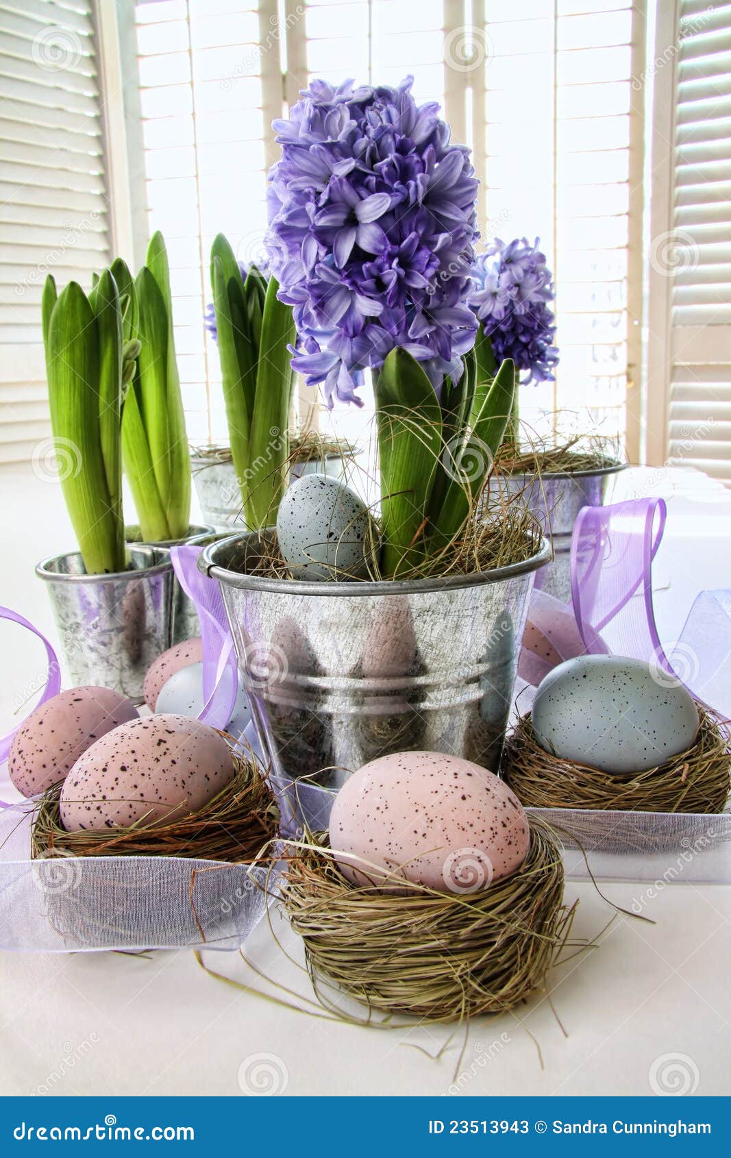 Purple Hyacinths and Easter Eggs on Table Stock Image - Image of flower ...