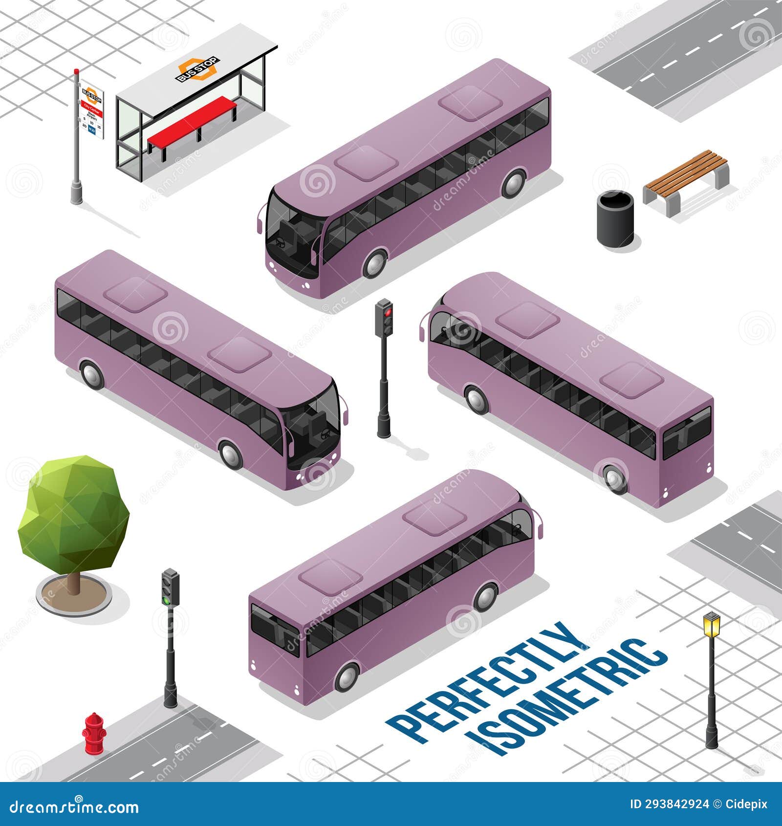 Purple Isometric Bus from the Front Back Right and Left Stock Vector ...