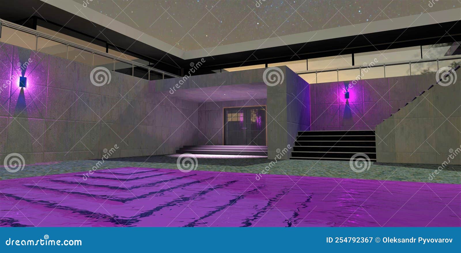 Purple Lighting in the Evening in the Courtyard of a Modern Design ...