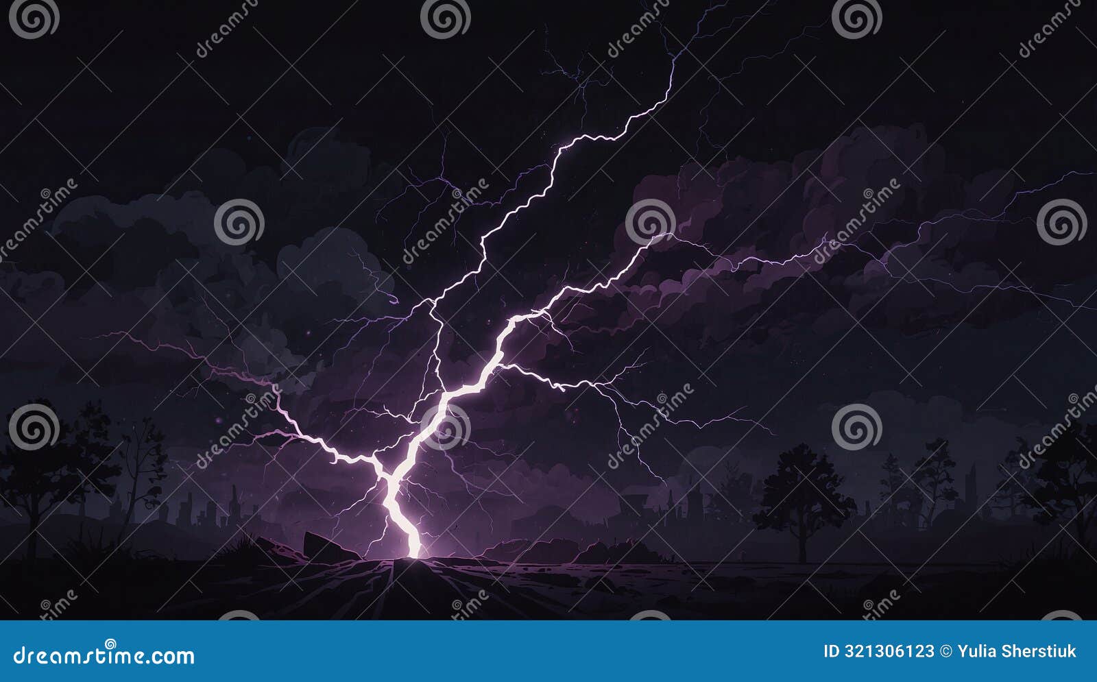 Purple Lightning Illustration on Dark Background. 2d Style Stock ...