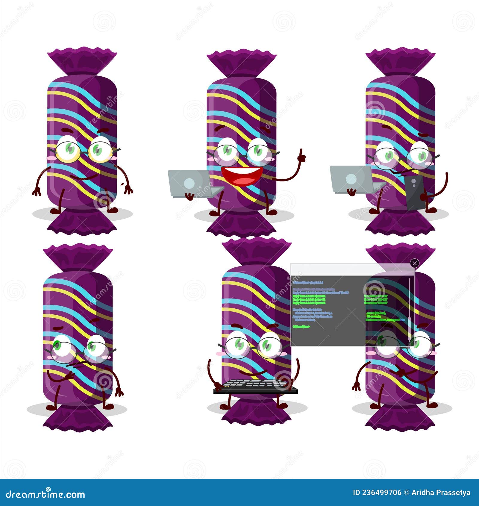 Purple Long Candy Package Programmer Cute Cartoon Character with Stock ...