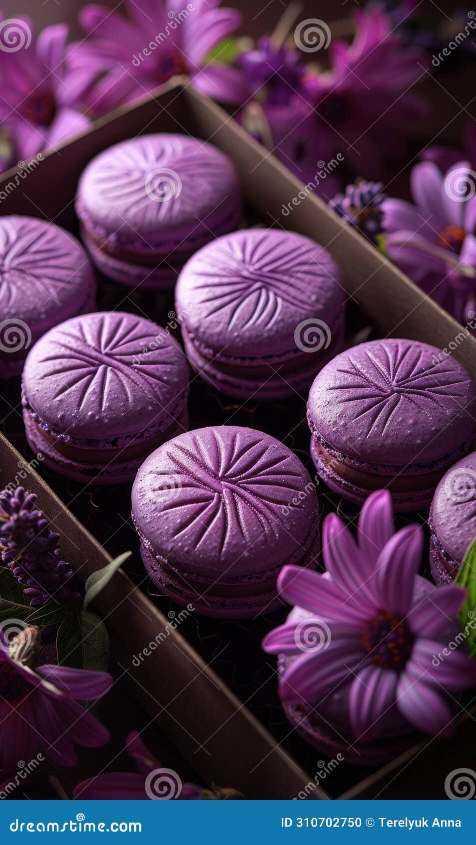 Purple Macaroons in Box with Flowers Stock Photo - Image of cake ...
