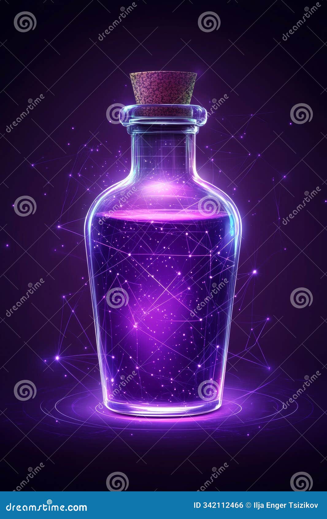 Purple Magic Potion in Glass Bottle with Cork on Dark Background with ...