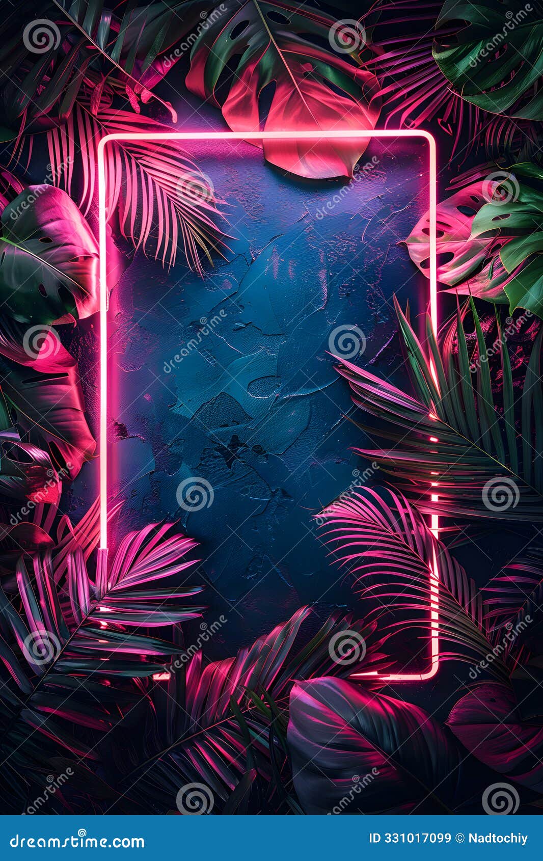 A Purple Neon Frame Surrounded by Tropical Leaves on a Dark Background ... A Purple Neon Frame Surrounded by Tropical Leaves on a Dark Background ...