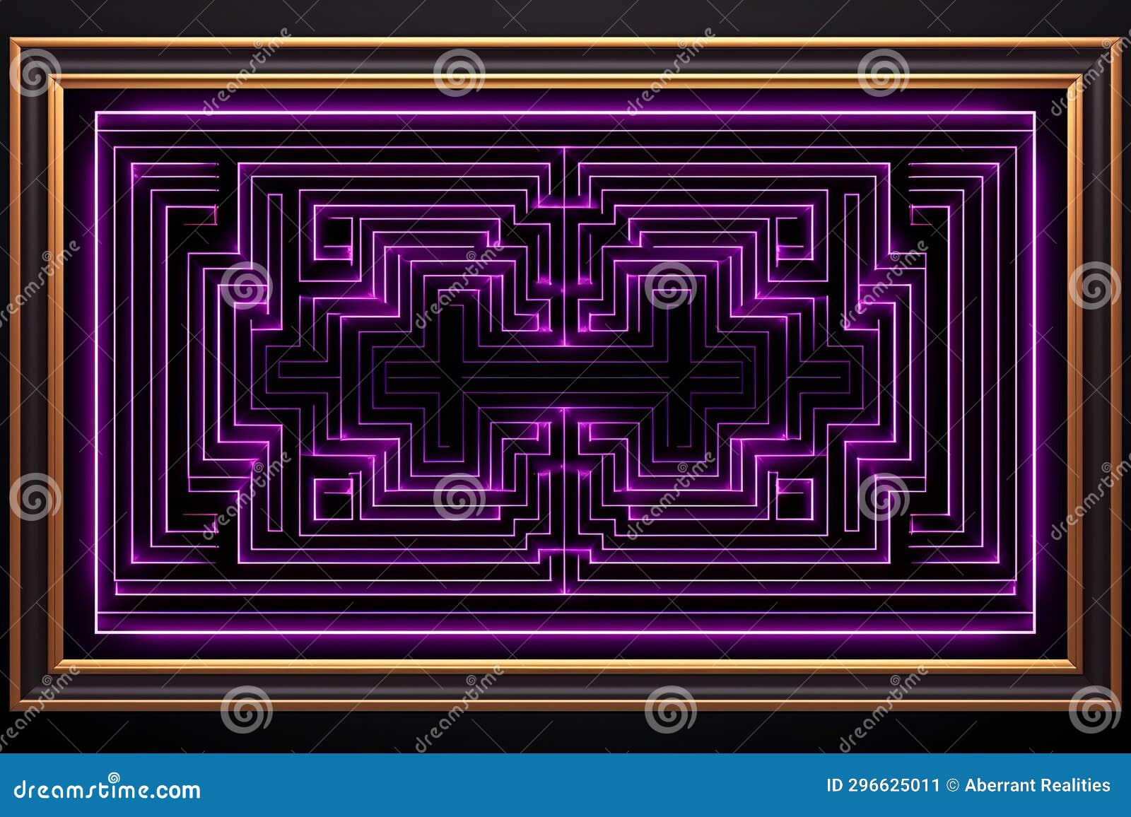 A Purple Neon Maze in a Gold Frame on a Black Background Stock Image - Image of futuristic ...
