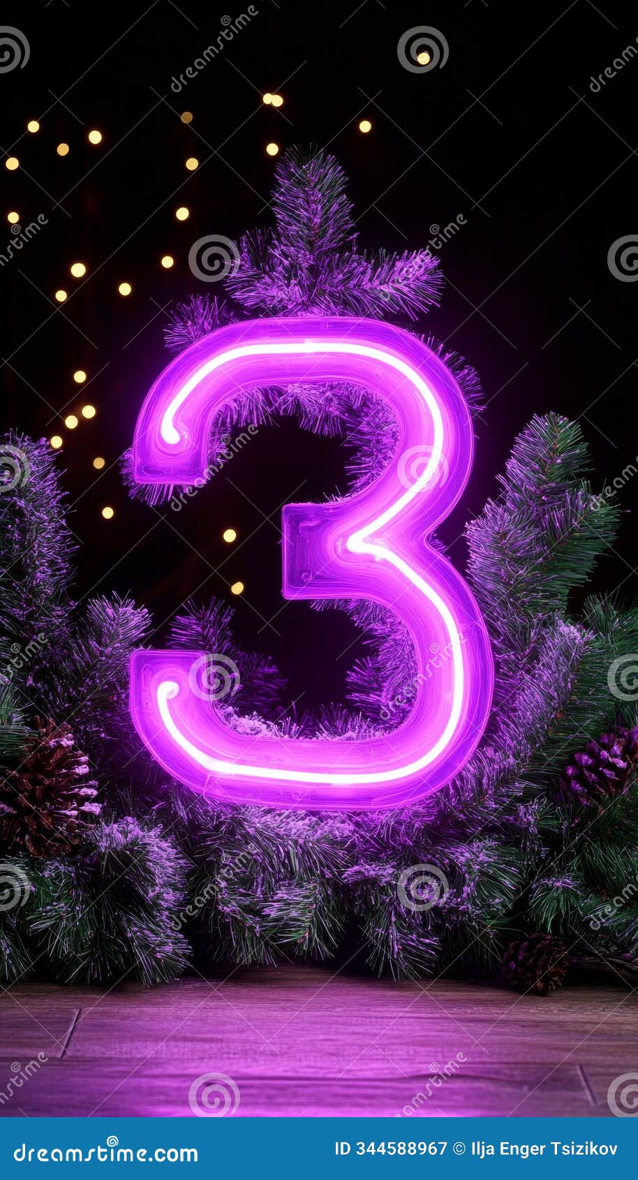 Purple Neon Number Three Sign with Pine Branches and String Lights on ...