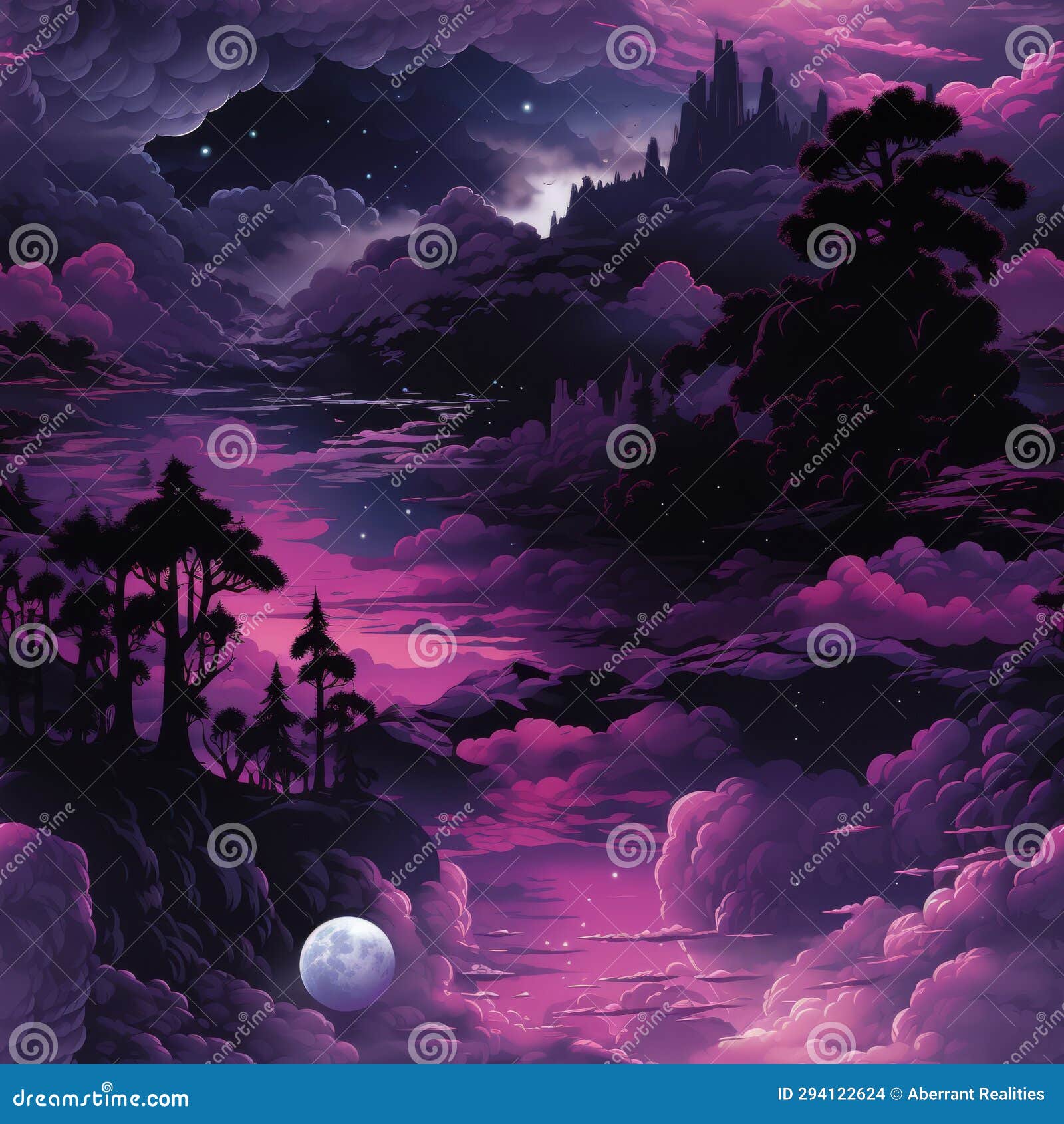 A Purple Night Sky with Trees and Clouds Stock Photo - Image of ...