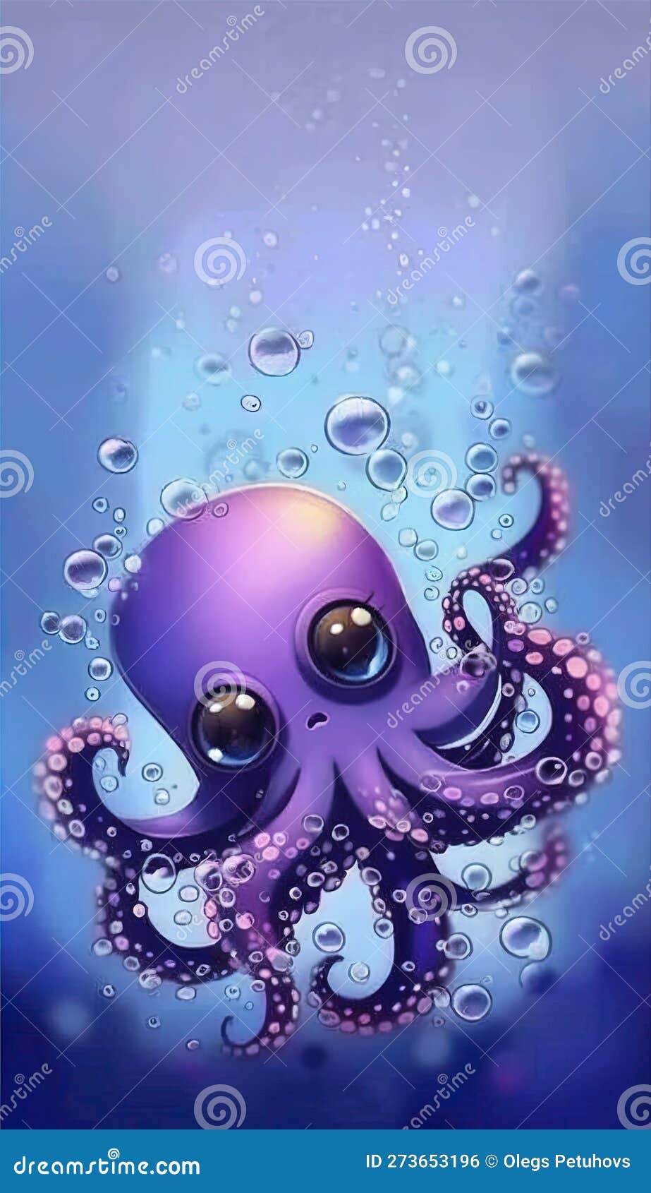 A Purple Octopus with Big Eyes Floating in the Water with Bubbles Stock ...