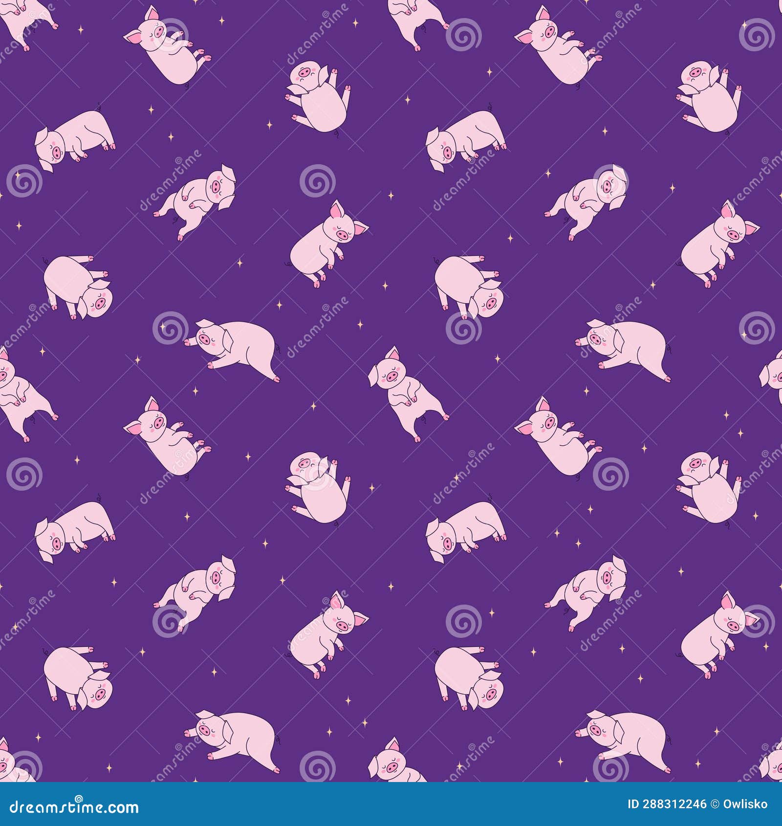 Purple Pattern of Stars and Cute Sleeping Pigs Stock Vector ...