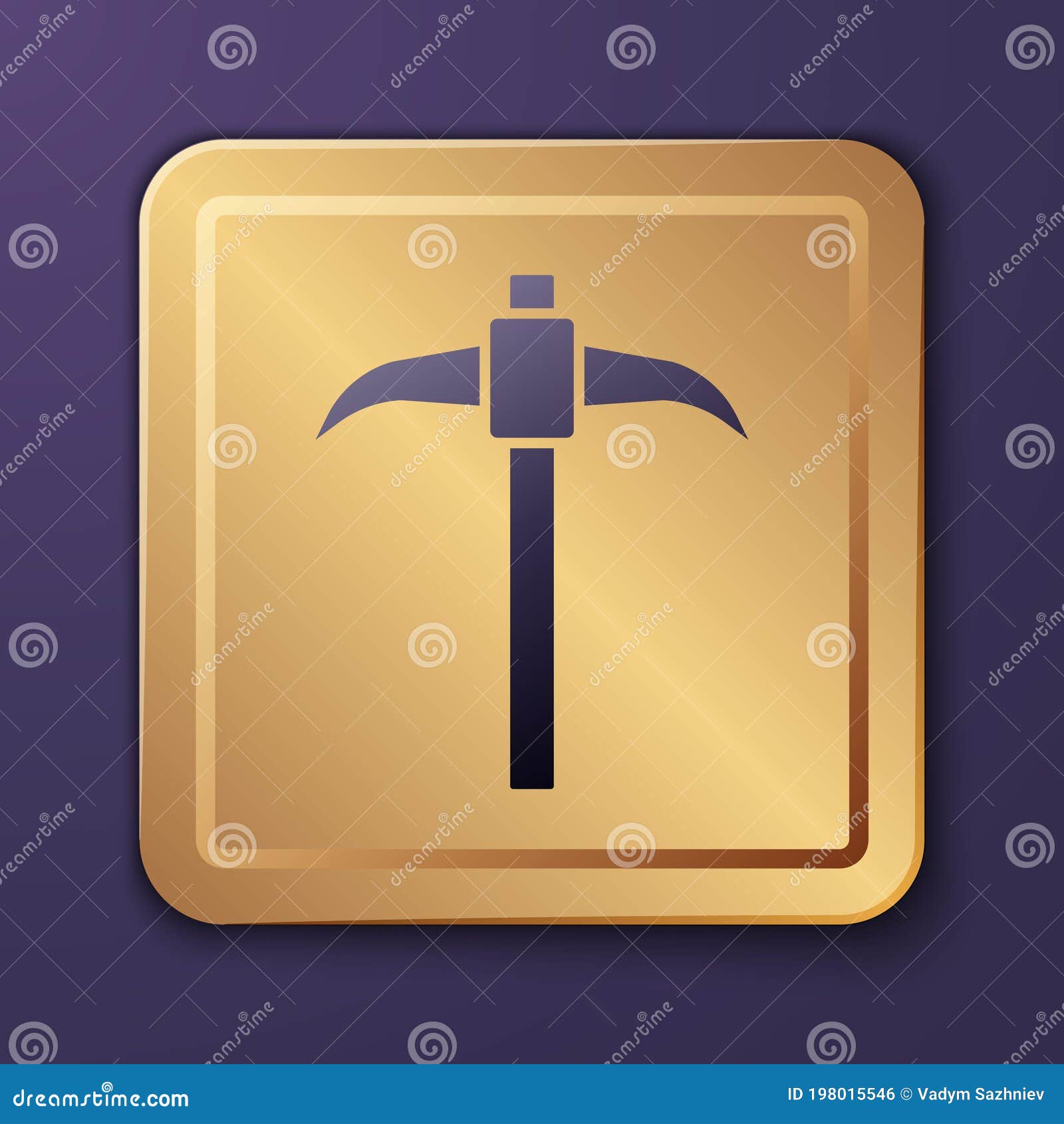 Purple Pickaxe Icon Isolated on Purple Background. Gold Square Button ...