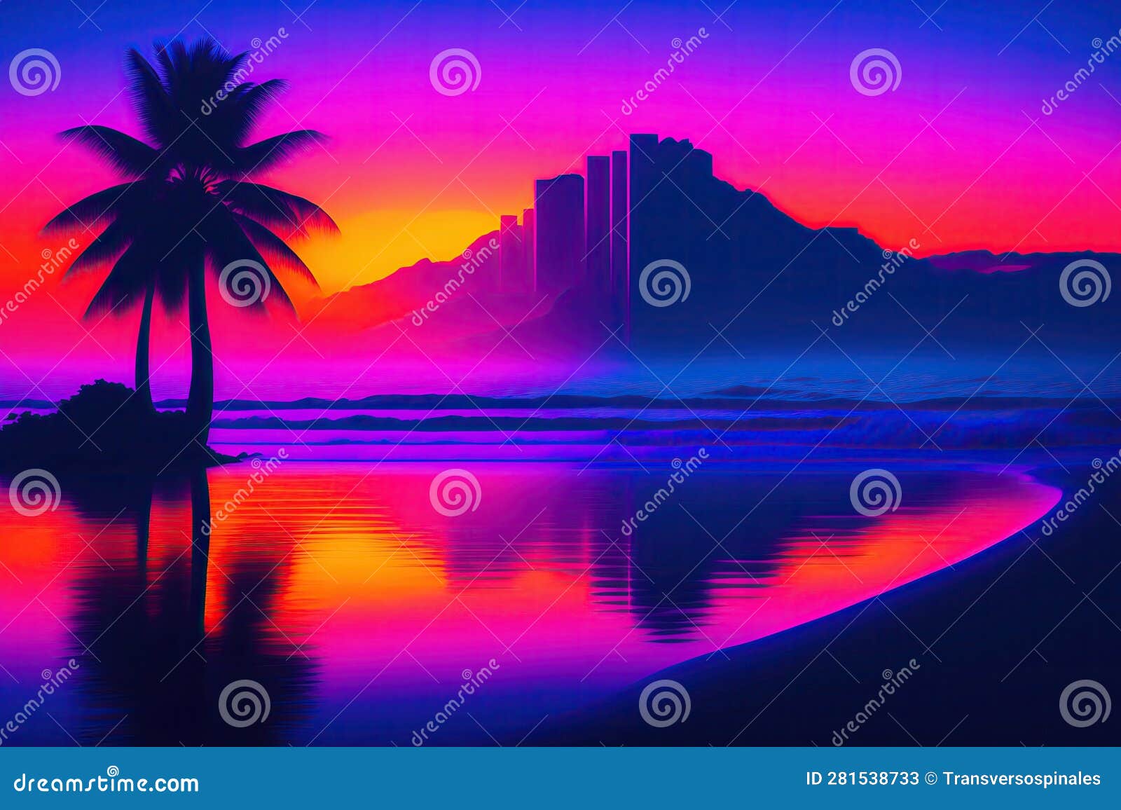 Purple Retrowave Beach Background Illustration Stock Illustration ...