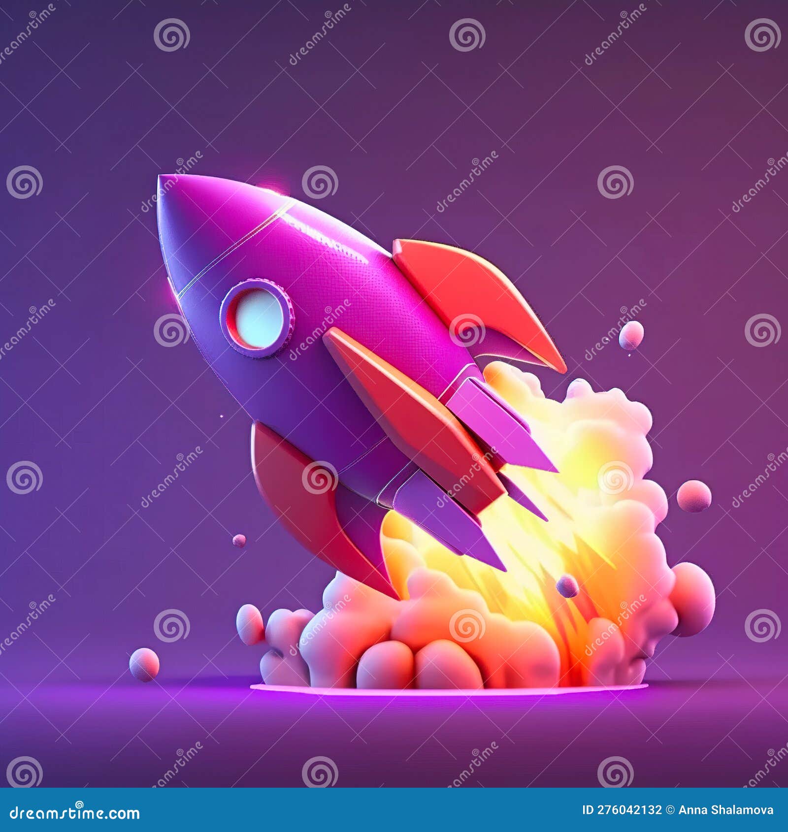 A Purple Rocket with Fiery Flames on a Neon Background. Stock ...