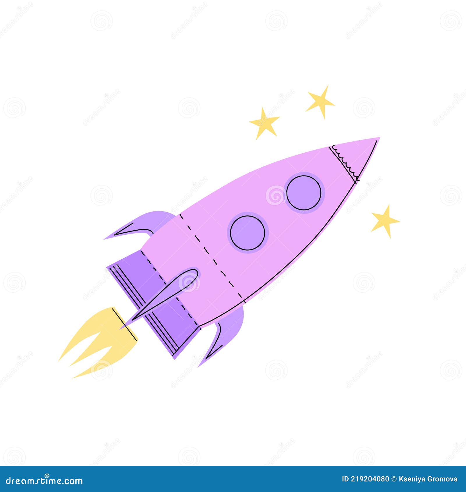 A Purple Rocket Flies Against a Background of Three Stars. Flat Vector ...