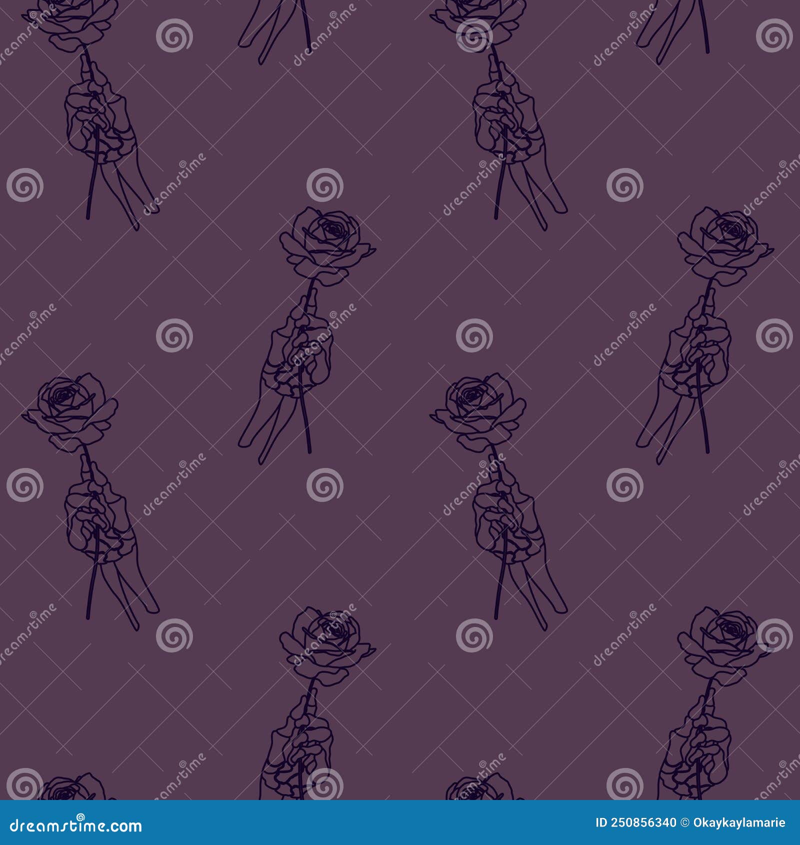 Outlined Purple Skeleton Hands Holding Roses Seamless Repeat Design ...