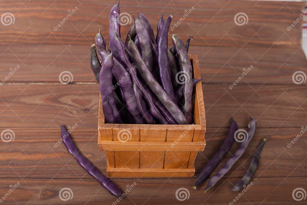 Purple String Beans in a Wooden Box Stock Photo - Image of thread, long ...