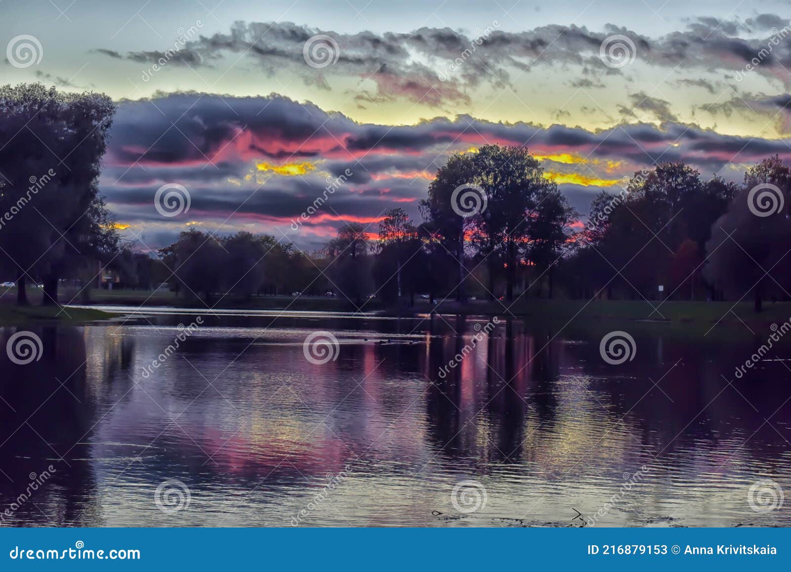 Purple Sunset Over a Pond in a Park Stock Image - Image of reflection ...