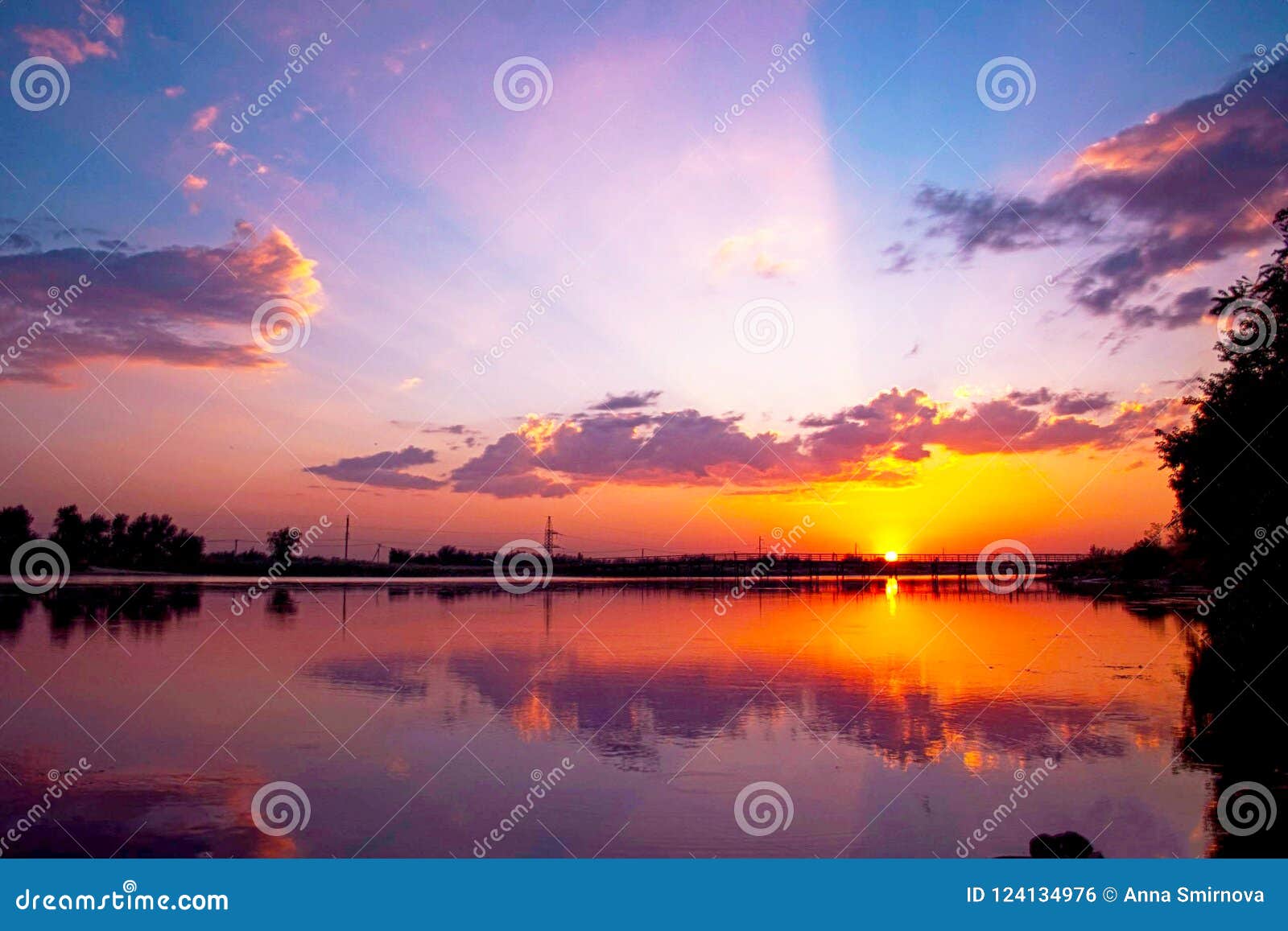 Purple Sunset Over the River Stock Photo - Image of horizon, lake ...