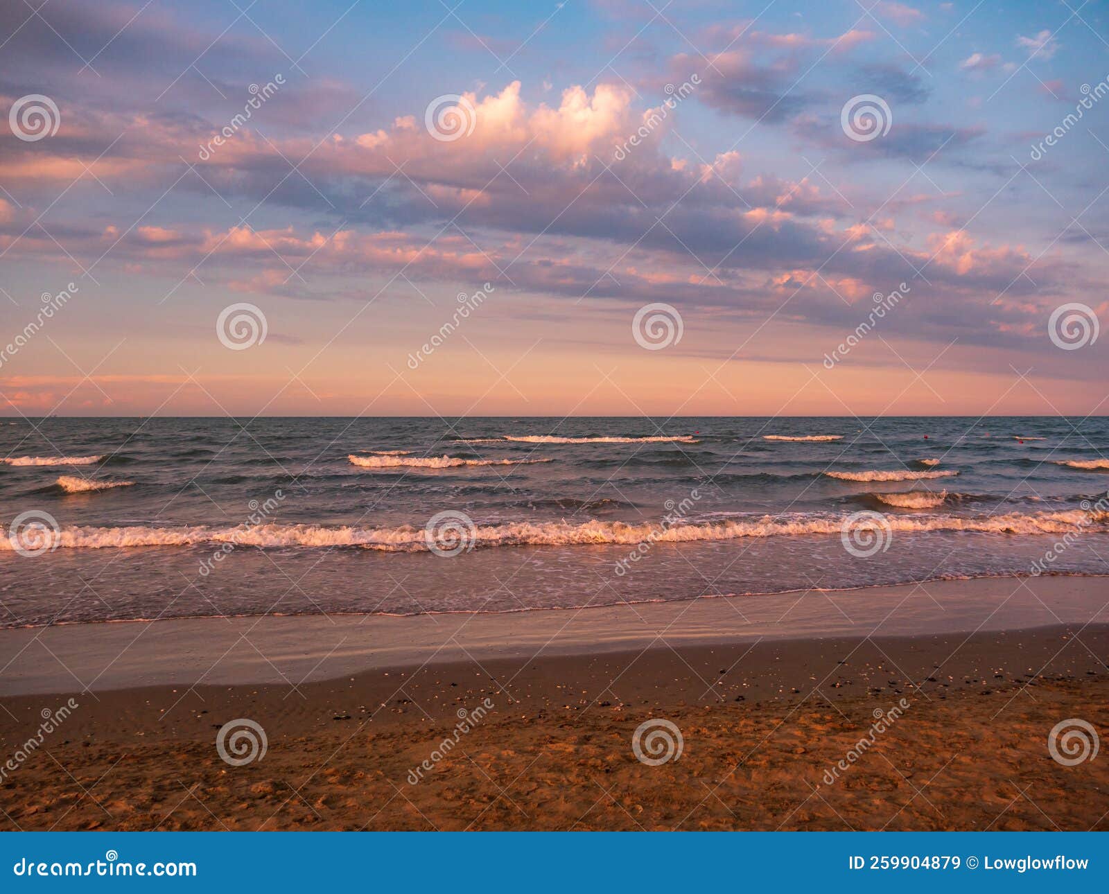 Purple Sunset on the Sandy Beach Stock Image - Image of rimini ...