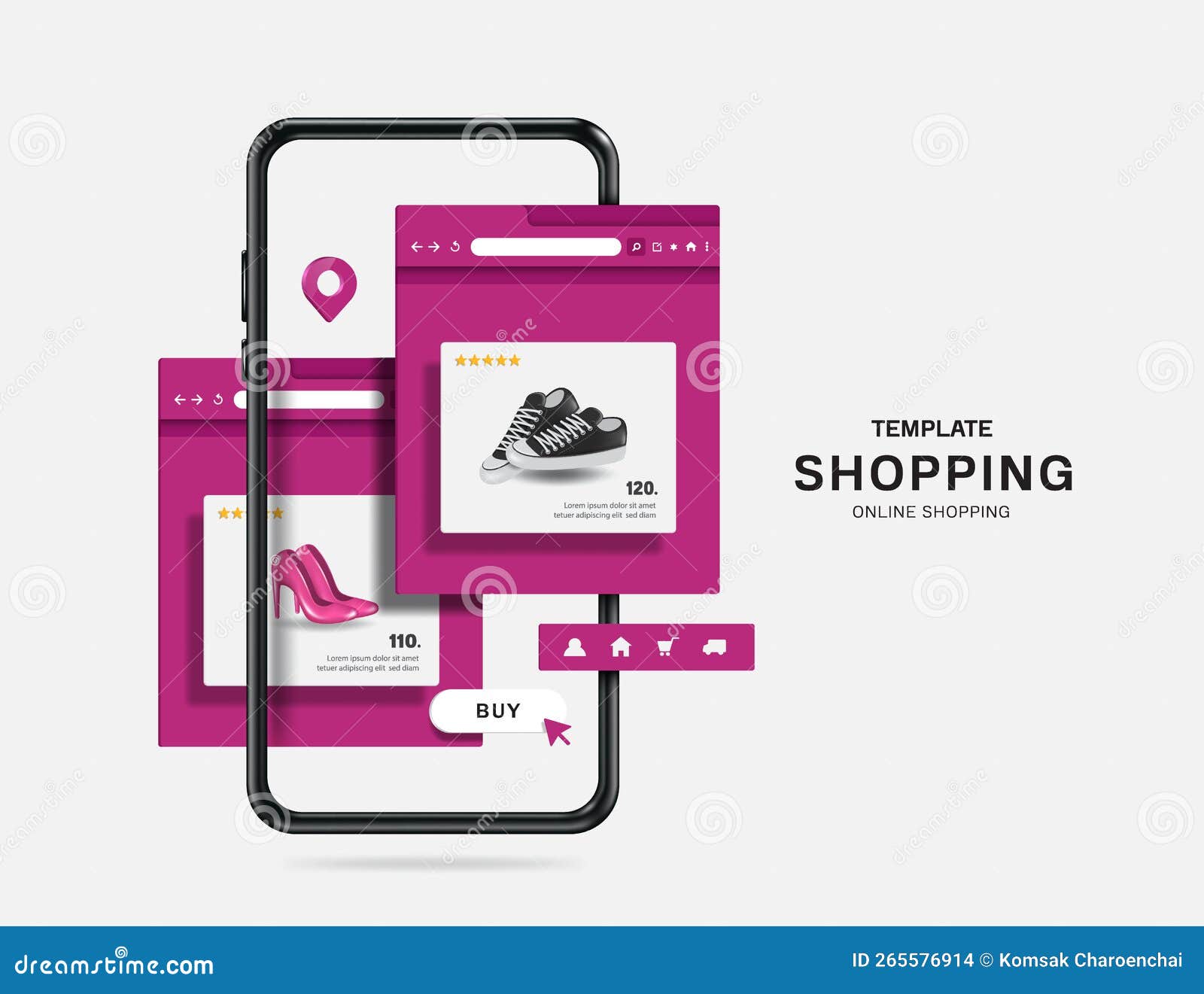 Purple Tone Online Shopping App Template on Web Browsers Overlapping 2 ...