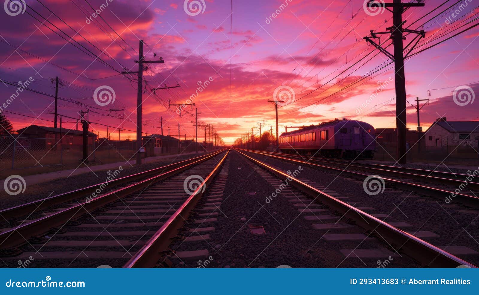 A Purple Train is on the Tracks at Sunset Stock Illustration ...