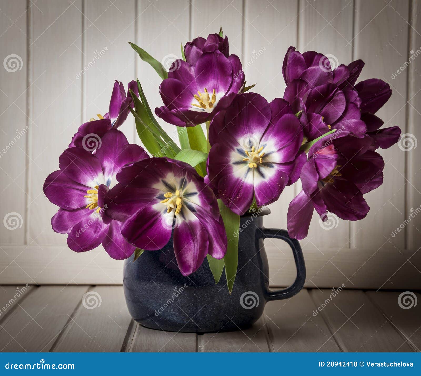 Purple Tulips in a Blue Vase Stock Photo - Image of aged, blooming ...