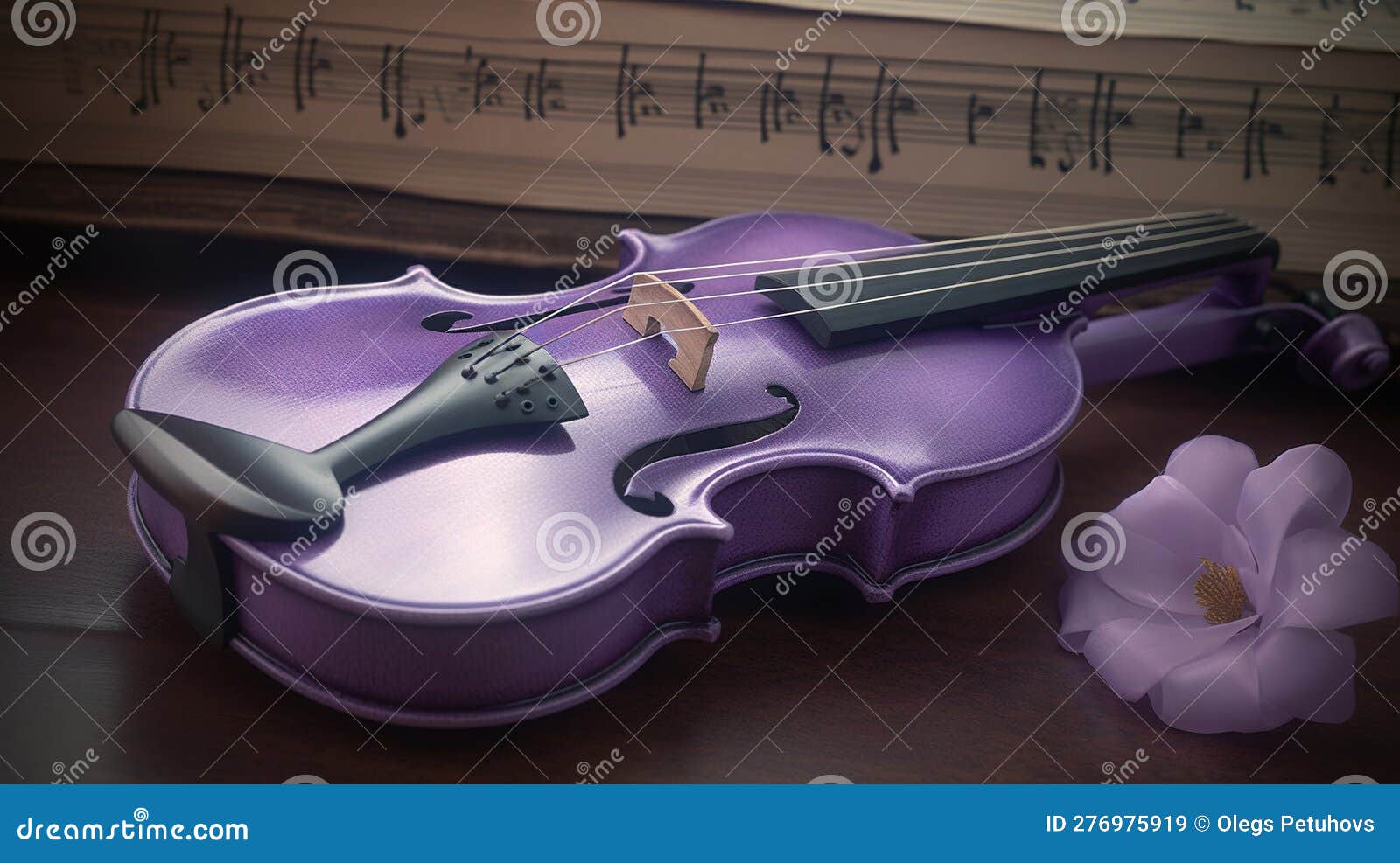 A Purple Violin with a Flower Next To it on a Table Stock Illustration ...