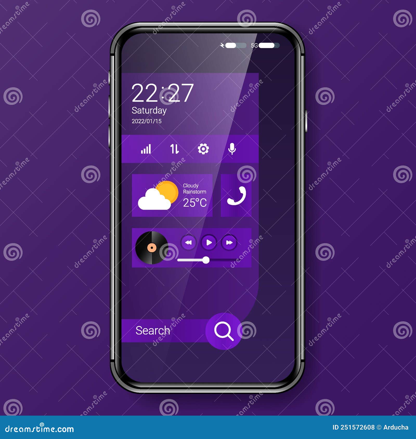 Purple Widget Menu User Interface Realistic Smartphone Design Stock ...