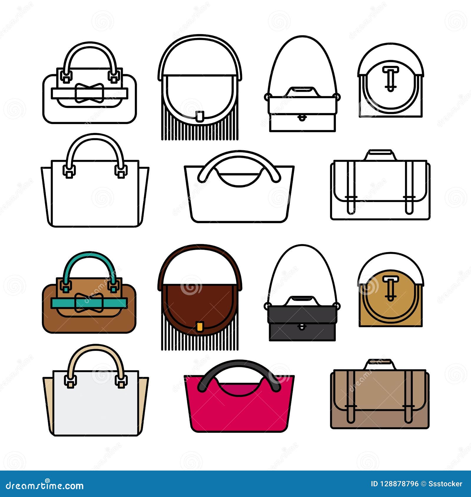 Purses and Bags Flat Vector Design. Line and Color Bags Icons Stock ...