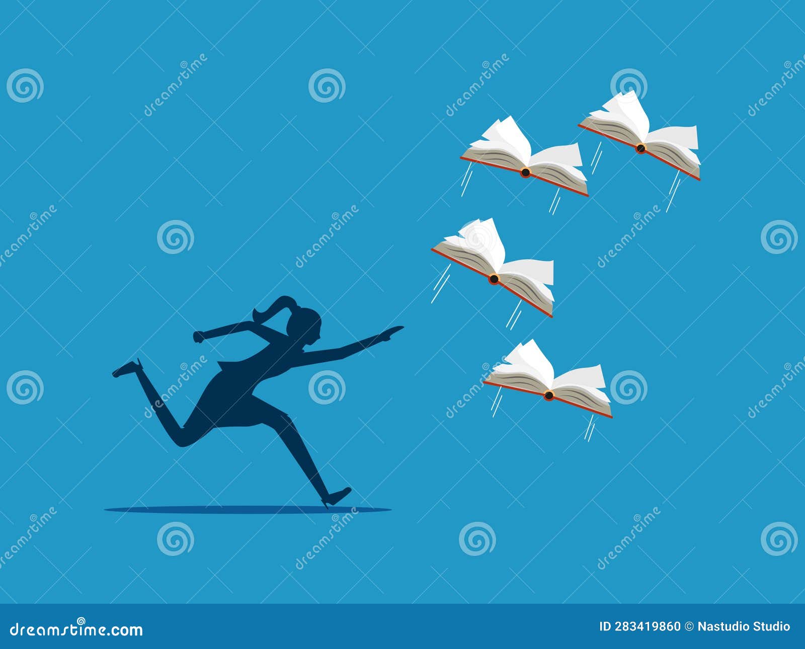 Pursue Knowledge. Woman Chasing a Flying Book Stock Vector ...