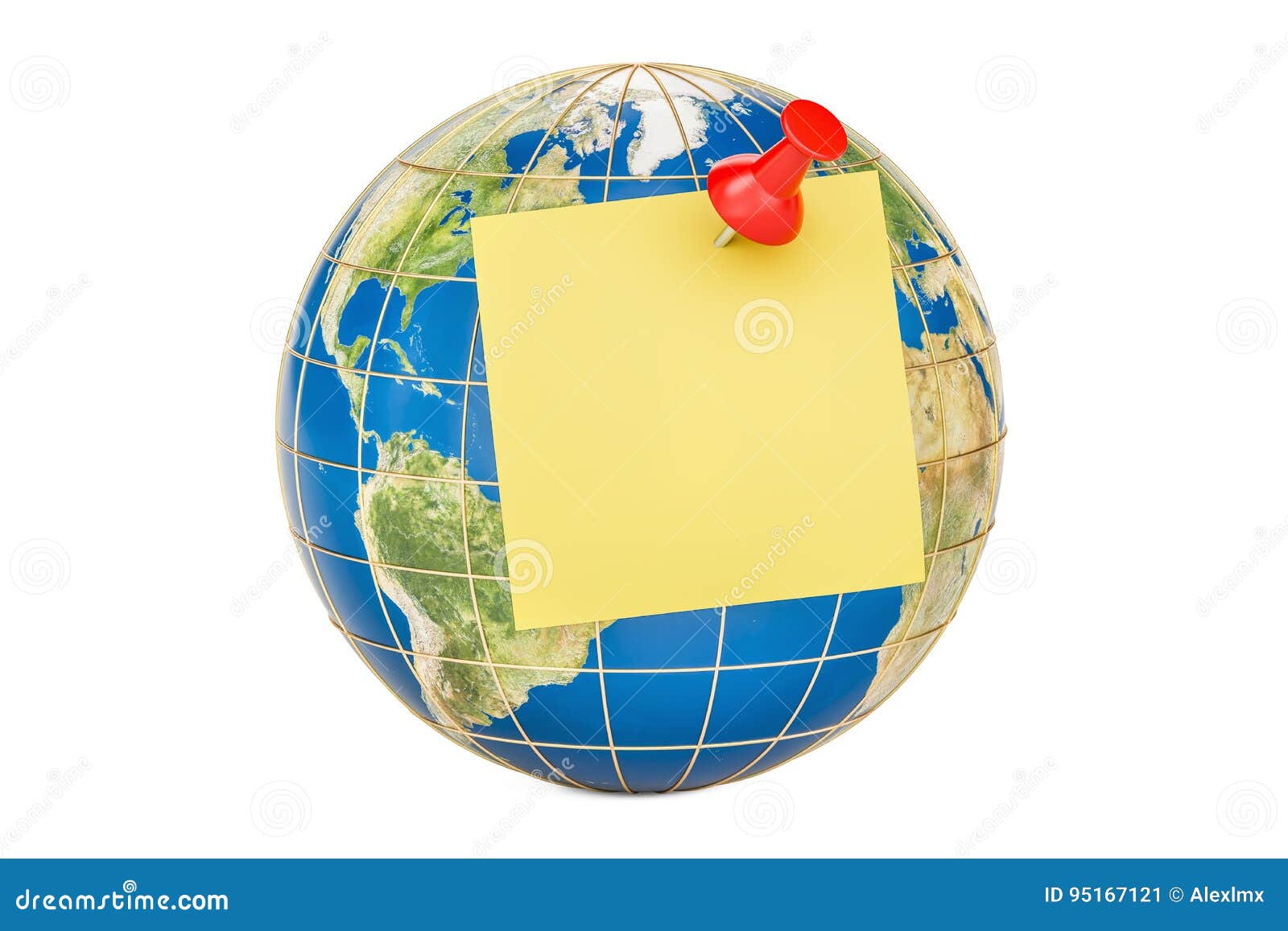 Push Pin with Blank Yellow Sticky Note on Globe, 3D Rendering Stock ...