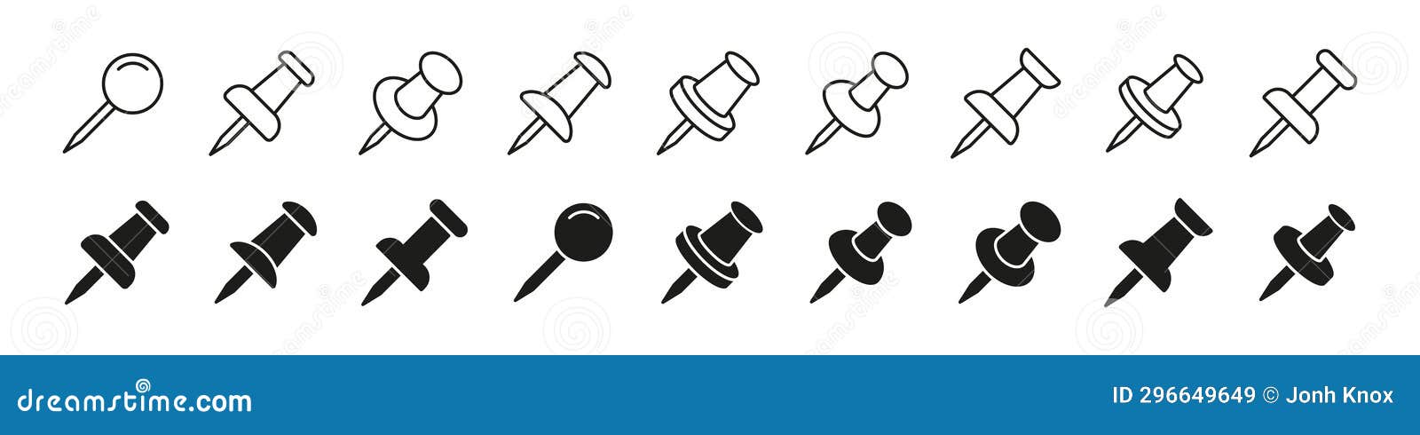 Push Pin Icon Set. Linear and Silhouette Style. Vector Illustration ...