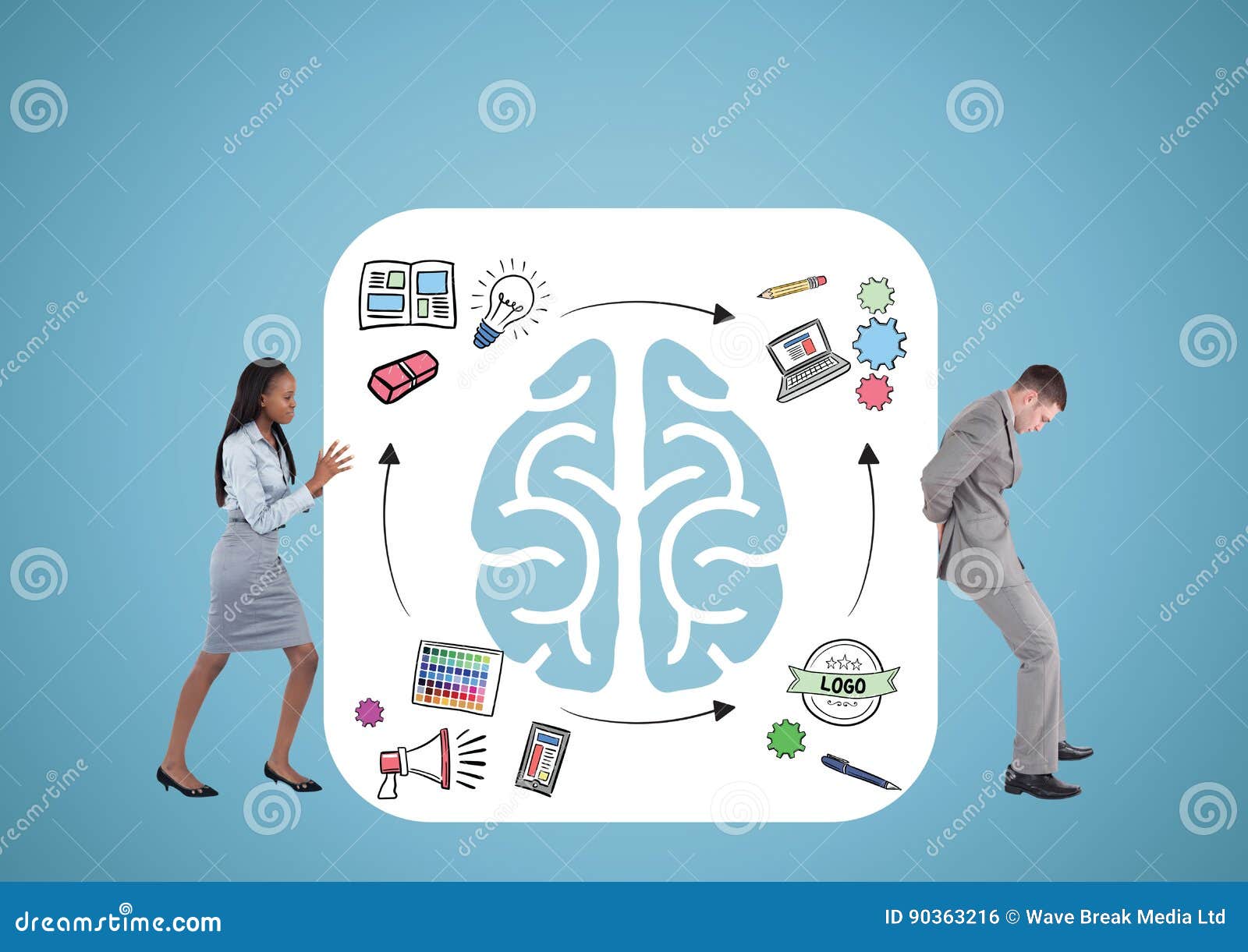 Pushing the Brain, Men and Woman. with Graphics and Blue Background ...