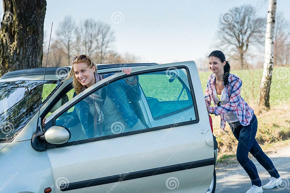 Pushing Car Technical Failure Two Young Women Stock Image - Image of ...