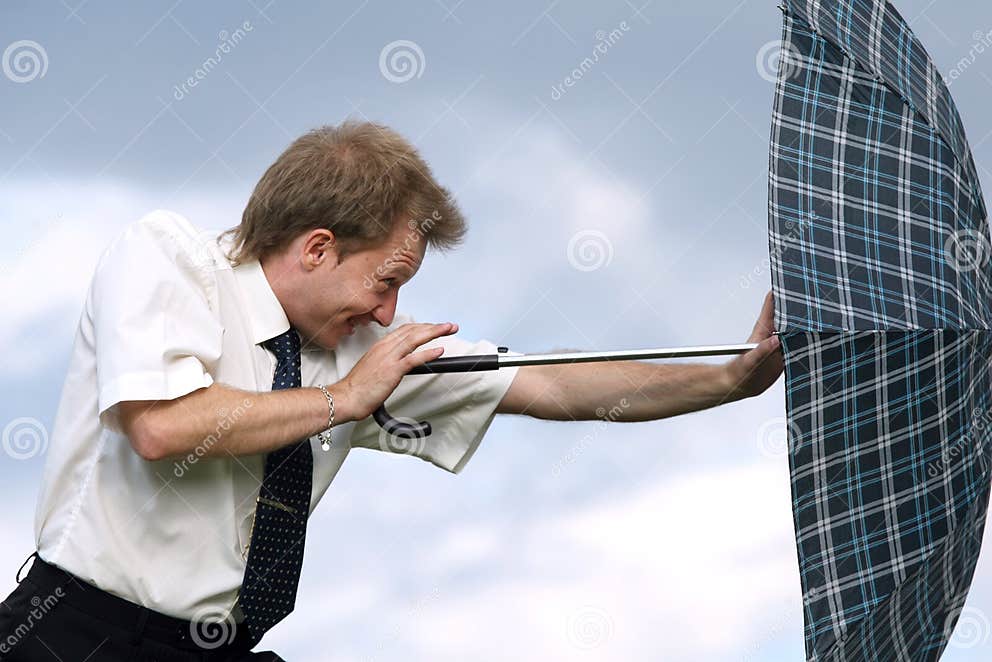 Pushing Umbrella Against Wind Stock Image - Image of portrait, career ...
