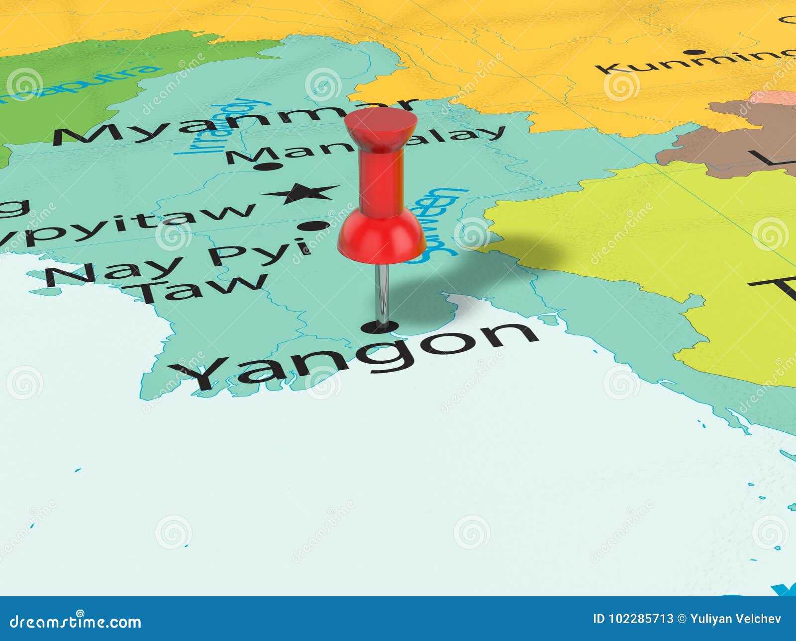 Location Of Yangon Region On Map Myanmar. 3d Yangon Flag Map Marker ...