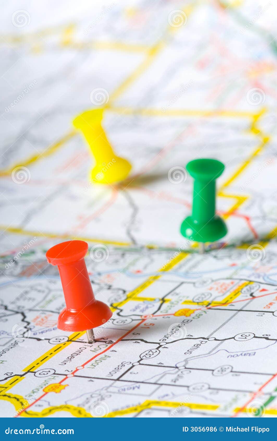 Pushpins on a map stock photo. Image of mapping, destinations - 3056986