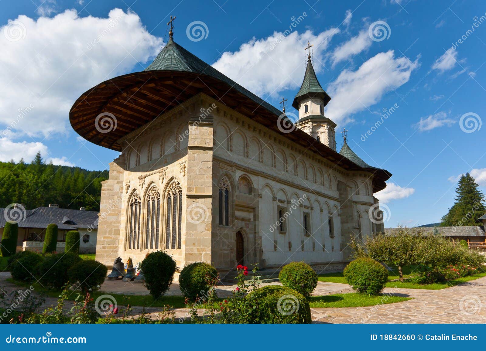 Putna Monastery in summer stock photo. Image of towers - 18842660
